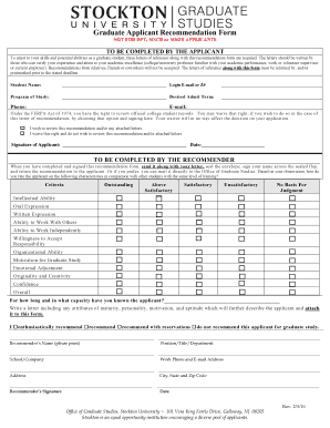Fillable Online intraweb stockton Graduate Applicant Recommendation Form Fax Email Print - pdfFiller