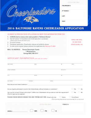 Fillable Online 2016 BALTIMORE RAVENS CHEERLEADER APPLICATION Fax Email Print - pdfFiller