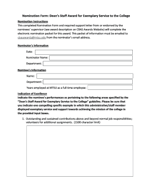 Fillable Online mtsu Nomination Form: Dean s Staff Award for Exemplary Service to the College ...