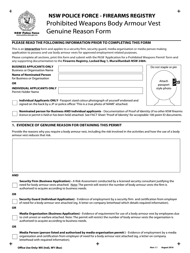 Fillable Online police nsw gov Prohibited Weapons Body Armour Vest ...