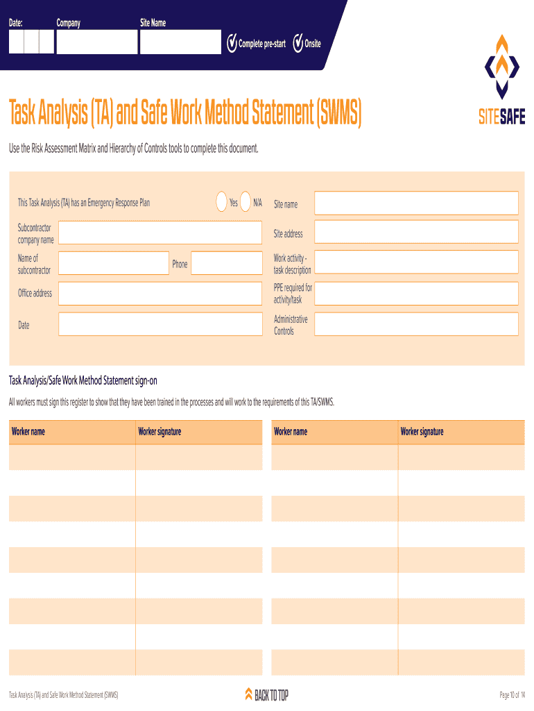 2016 Form NZ Site Safe Task Analysis TA And Safe Work Method 