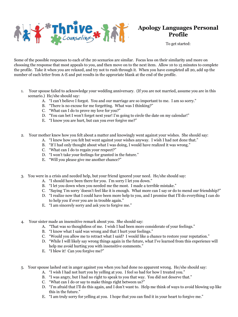 Fillable Online Apology Languages Personal Profile - Thrive Counseling ...