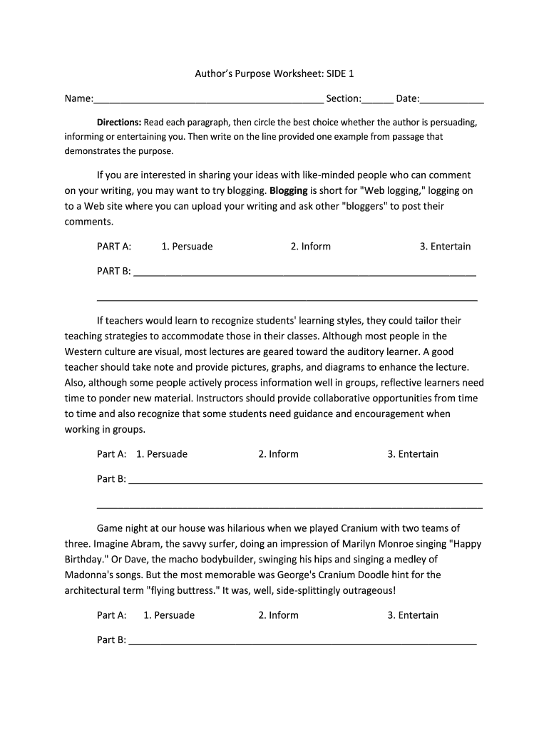 Fillable Online Author s Purpose Worksheet: SIDE 1 Fax Email Print ...