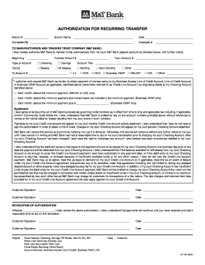 Fillable Online AUTHORIZATION FOR RECURRING TRANSFER Fax Email Print ...