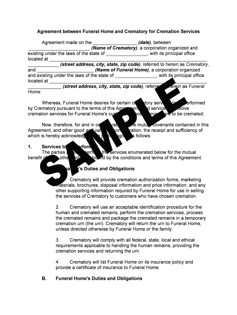 Fillable Online Agreement between funeral home and crematory Cremation ...