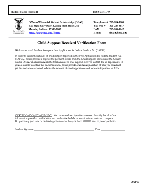 Fillable Online Child Support Received Verification Form 2016-17 - Ball ...