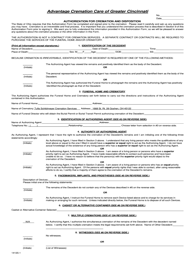 Fillable Online ohio cremation and disposition authorization jun09 Fax ...