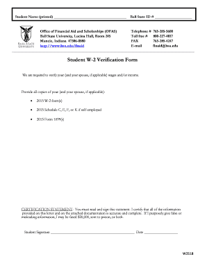 Fillable Online Student W-2 Verification Form 2017-18 - Ball State ...
