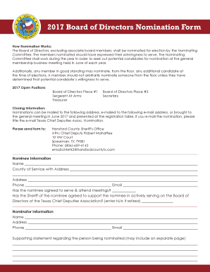 Fillable Online txchiefdeputies 2017 Board of Directors Nomination Form ...