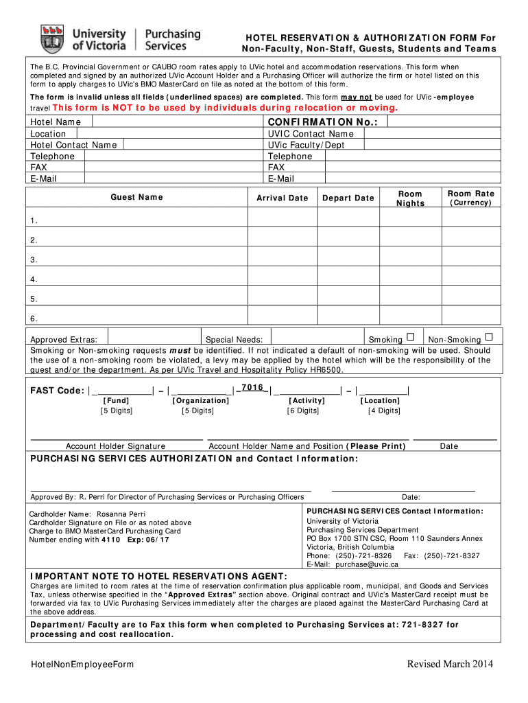 Fillable Online web uvic HOTEL RESERVATION & AUTHORIZATION FORM For Fax ...