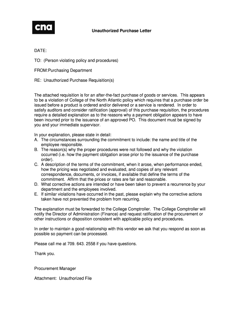 Fillable Online Unauthorized Purchase Letter Fax Email Print - pdfFiller