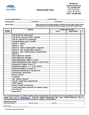 Fillable Online Vaccine Order Form South Island Victoria October 2016 ...