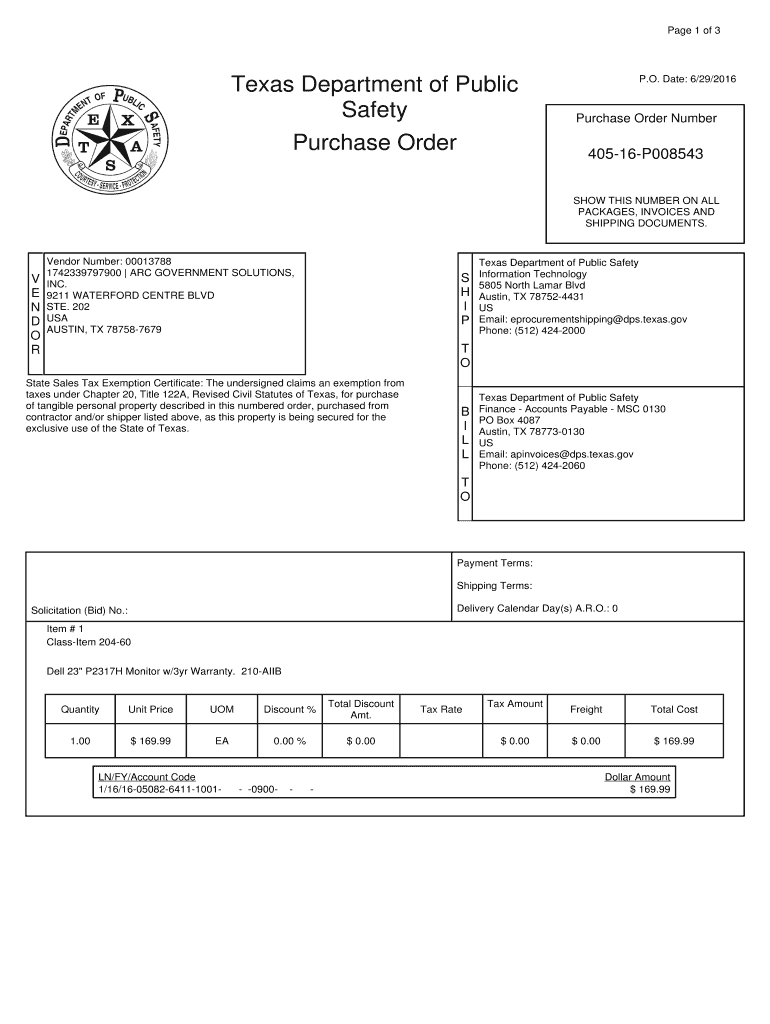 Fillable Online dps texas Purchase Order - Texas Department of Public ...