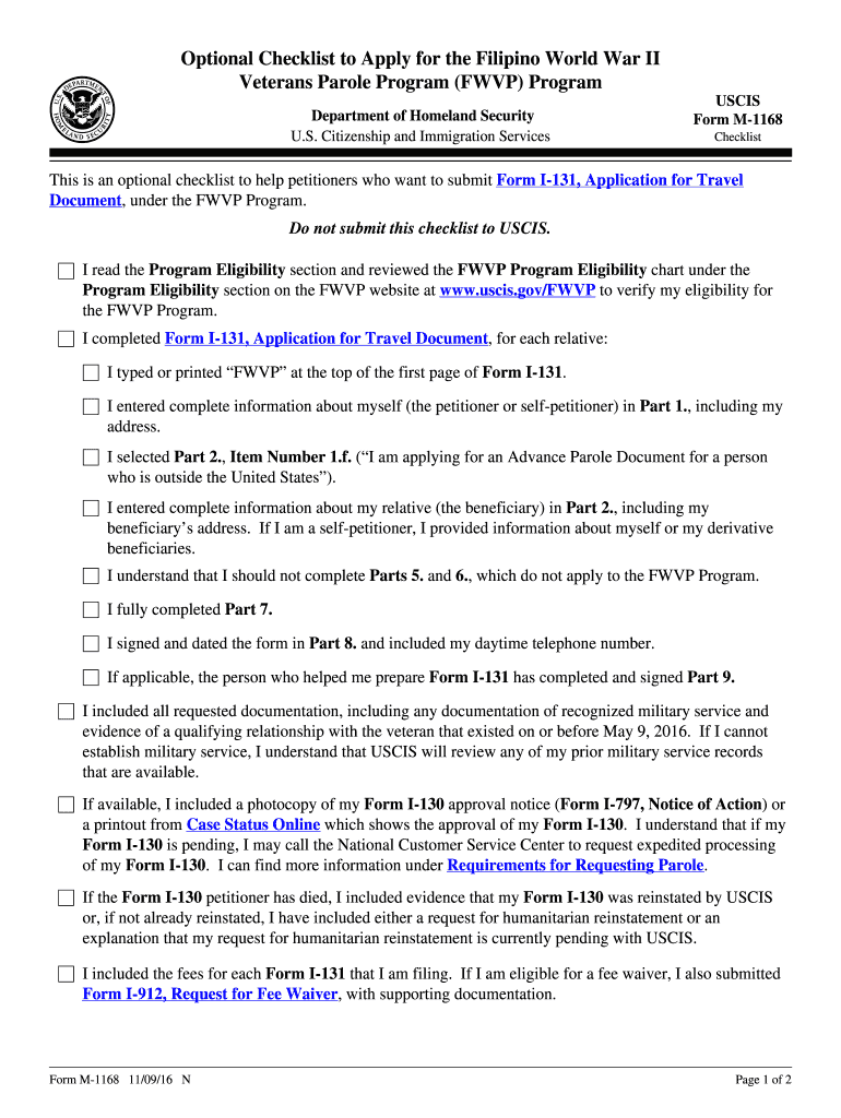 Fillable Online uscis Optional Checklist to Apply for the Filipino World War II Veterans ... Fax ...