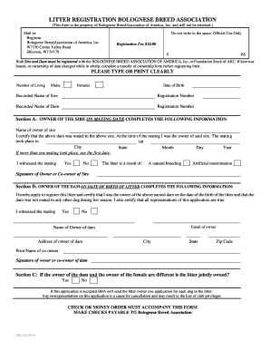 Fillable Online LITTER REGISTRATION BOLOGNESE BREED ASSOCIATION Fax ...
