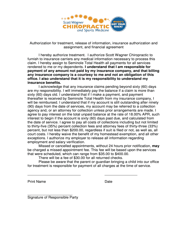 Fillable Online Authorization for treatment, release of information, insurance authorization and ...