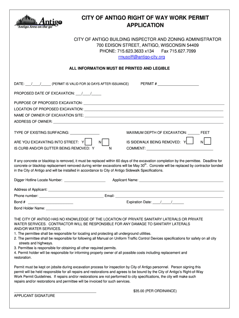 Fillable Online CITY OF ANTIGO RIGHT OF WAY WORK PERMIT Fax Email Print ...