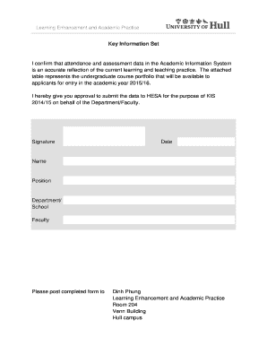 Fillable Online www2 hull ac Key Information Set I confirm that attendance and assessment ...