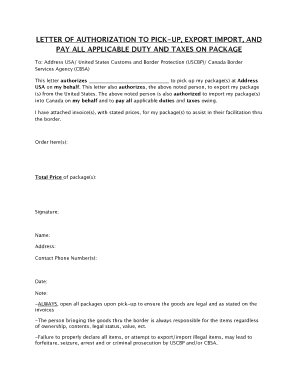 Fillable Online LETTER OF AUTHORIZATION TO PICK-UP, EXPORT IMPORT, AND ...