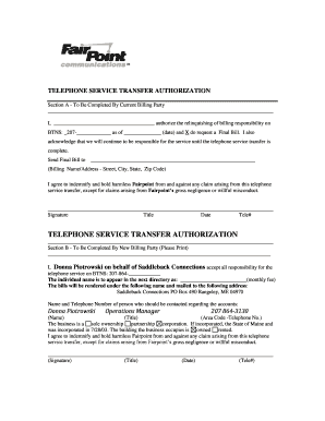Fillable Online TELEPHONE SERVICE TRANSFER AUTHORIZATION Fax Email ...