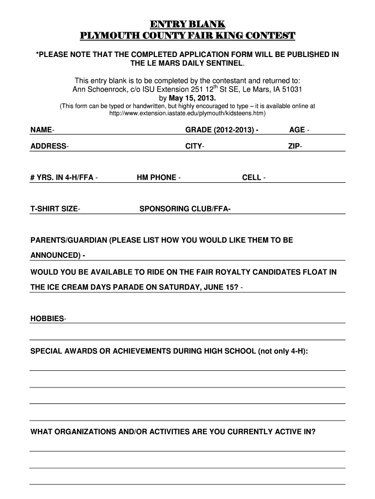 Fillable Online extension iastate ENTRY BLANK PLYMOUTH COUNTY FAIR KING ...