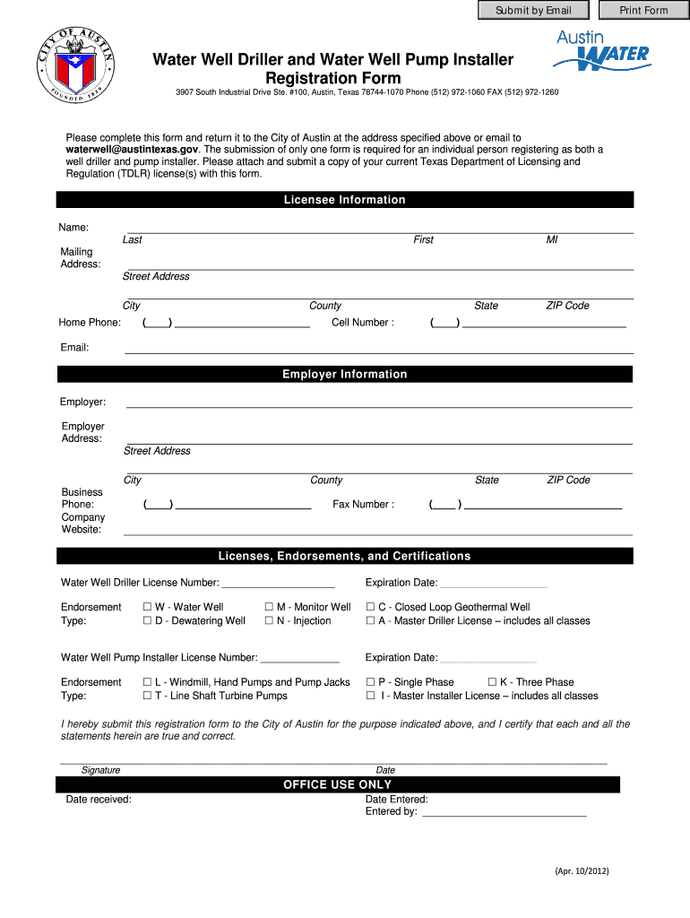 Fillable Online austintexas Water Well Driller and Water Well Pump ...