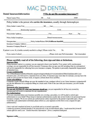 Fillable Online Dental InsuranceInformation Fax Email Print - pdfFiller