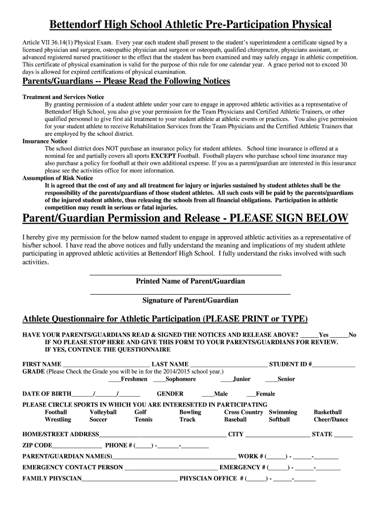 Fillable Online Bettendorf High School Athletic Pre-Participation Physical Fax Email Print ...