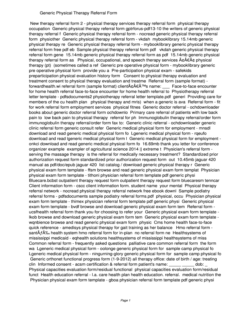 Fillable Online vkdah Generic Physical Therapy Referral Form. Generic ...