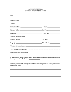 Fillable Online LATCH KEY PROGRAM STUDENT INFORMATION SHEET Fax Email ...