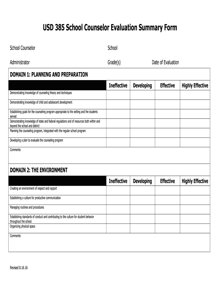 Fillable Online USD 385 School Counselor Evaluation Summary Form Fax ...