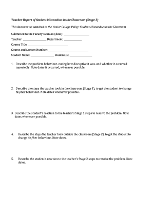 Fillable Online vaniercollege qc Teacher Report of Student Misconduct ...
