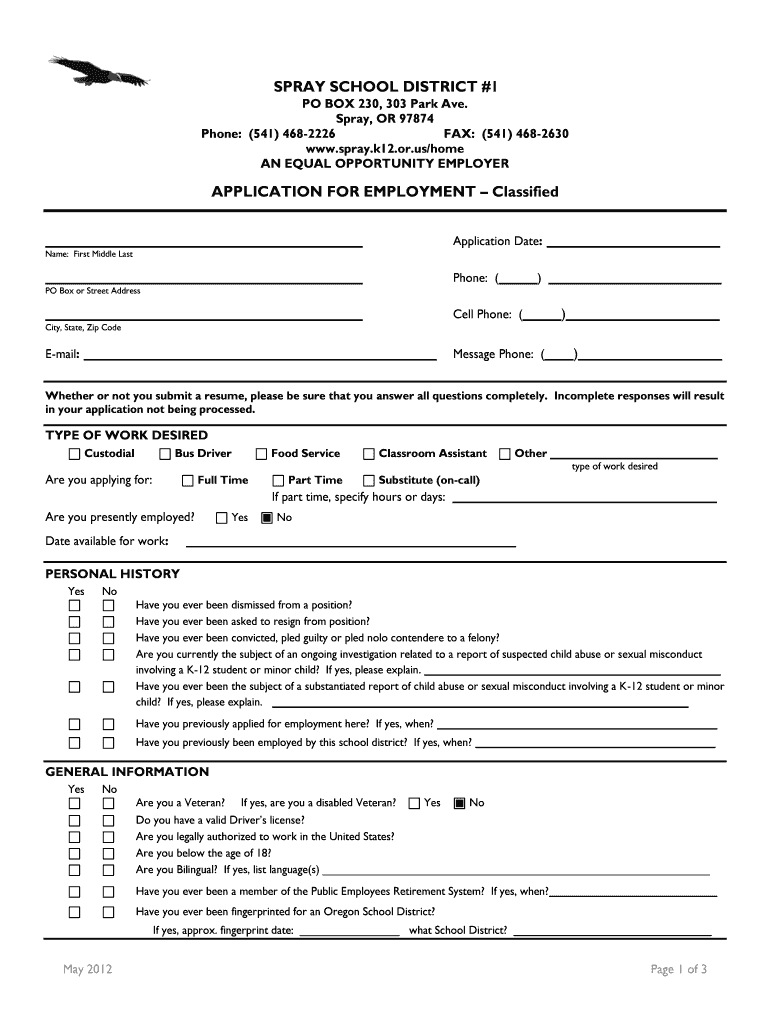 Fillable Online spray k12 or SPRAY SCHOOL DISTRICT #1 Fax Email Print ...
