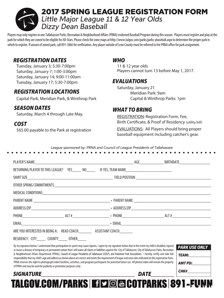 Fillable Online 2017 upper league baseball registration forms spring copy Fax Email Print ...
