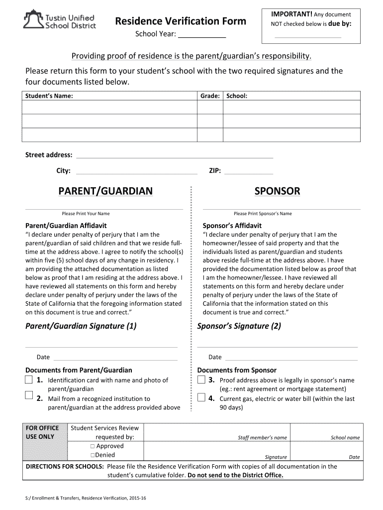Fillable Online Residence Verification Form 2015 16 Fax Email Print ...