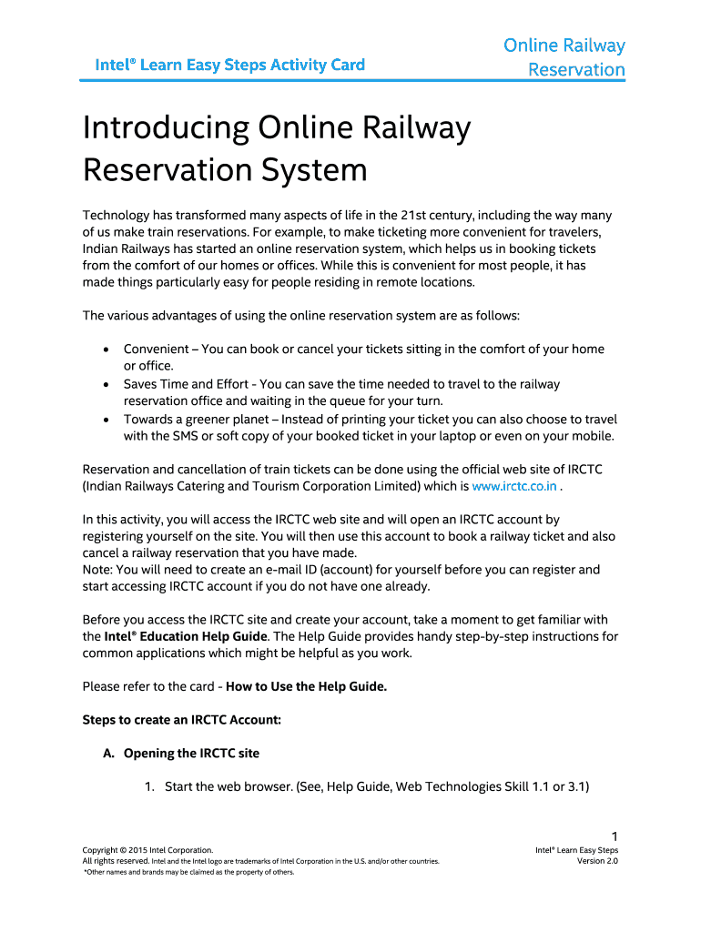 Fillable Online Introducing Online Railway Reservation System. Intel ...