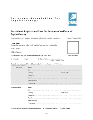 Fillable Online europsyche Practitioner Registration Form for European ...