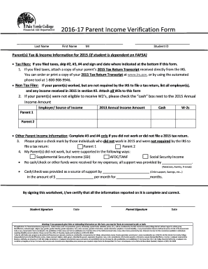 Fillable Online paloverde 2016-17 Parent Income Verification Form Fax ...