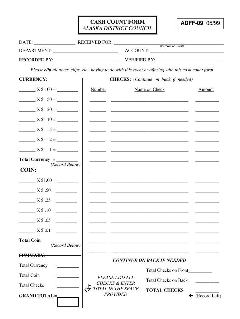 Fillable Online akministrynetwork CASH COUNT FORM - akministrynetwork ...