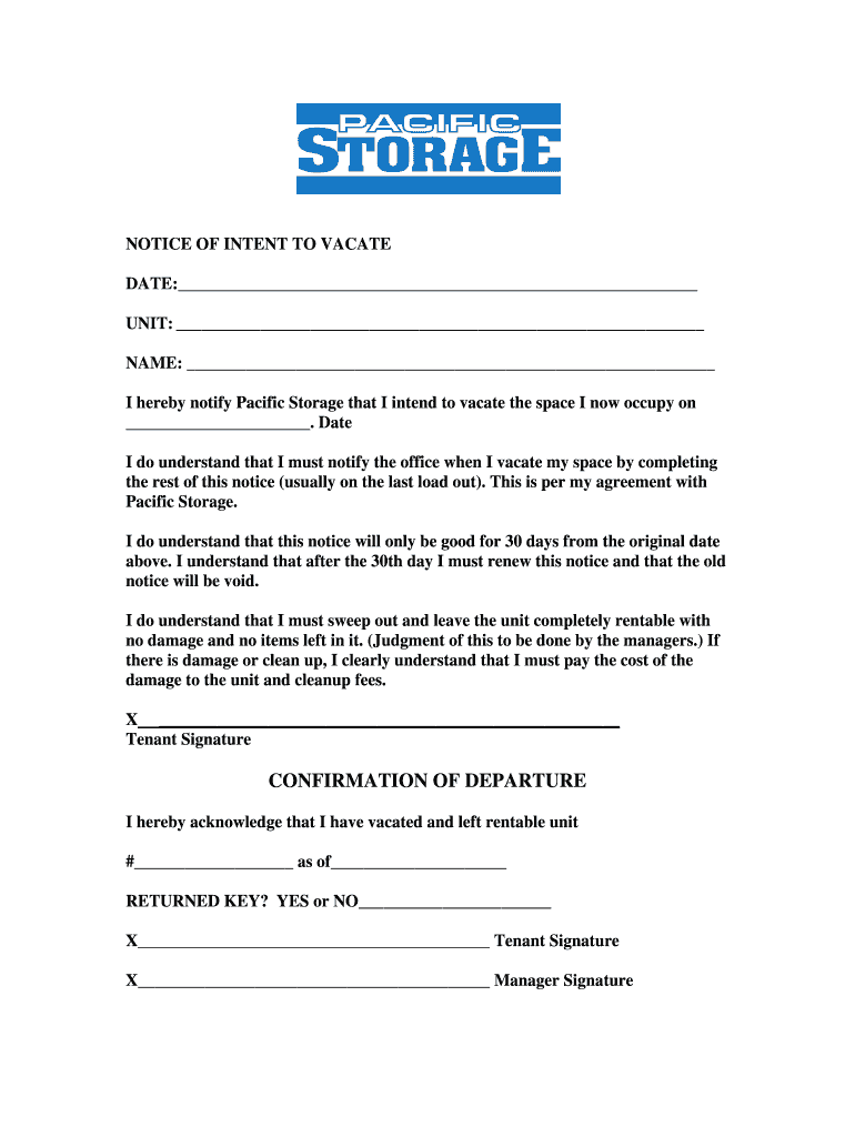 Fillable Online NOTICE OF INTENT TO VACATE Pacific Storage.docx Fax ...