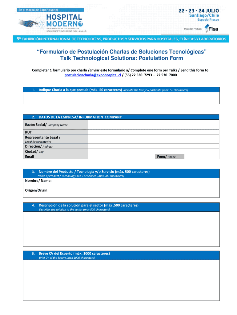 Fillable Online expohospital Formulario de Postulaci n Charlas de Soluciones Tecnol gicas ...