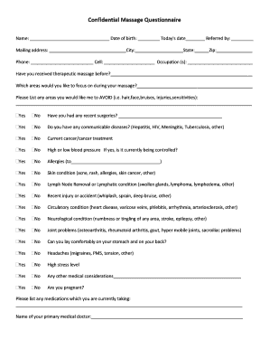 Fillable Online Confidential Massage Questionnaire Fax Email Print ...