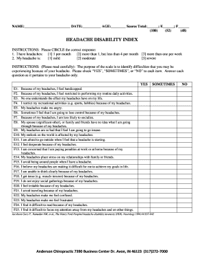 Fillable Online HEADACHE DISABILITY INDEX - avonspinedocs.com Fax Email ...