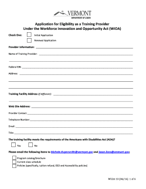 Fillable Online labor vermont WIOA-10 Application for Eligibility as a ...