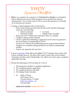 Fillable Online ywov Sponsor Checklist: Fax Email Print - pdfFiller