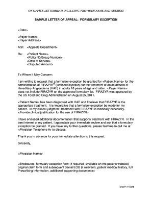 Fillable Online SAMPLE LETTER OF APPEAL: FORMULARY EXCEPTION Fax Email ...