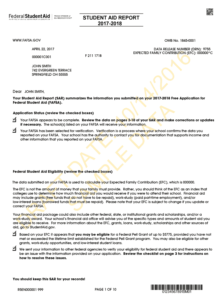 Fillable Online ifap ed 2017-2018 SAMPLE Student Aid Report Fax Email Print - pdfFiller