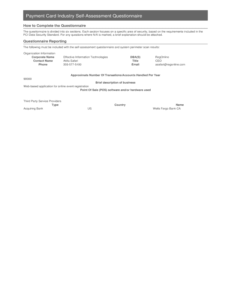 Fillable Online Payment Card Industry Self-Assessment Questionnaire Fax ...