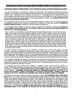 Fillable Online 1 race team warning, assumption of risk, release of ...