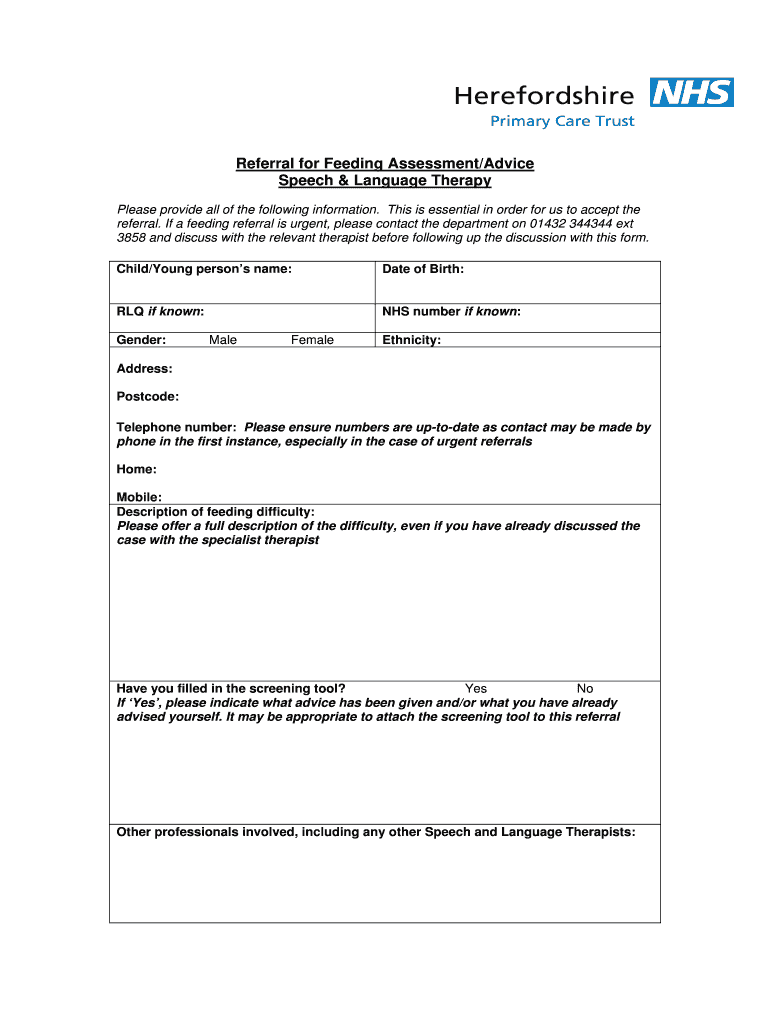 Fillable Online wyevalley nhs Referral for Feeding Assessment/Advice ...